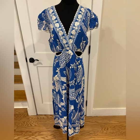 FARM Rio | Dresses | Farm Rio Blue Ecru Maxi Dress With Cut Outs Cap ...